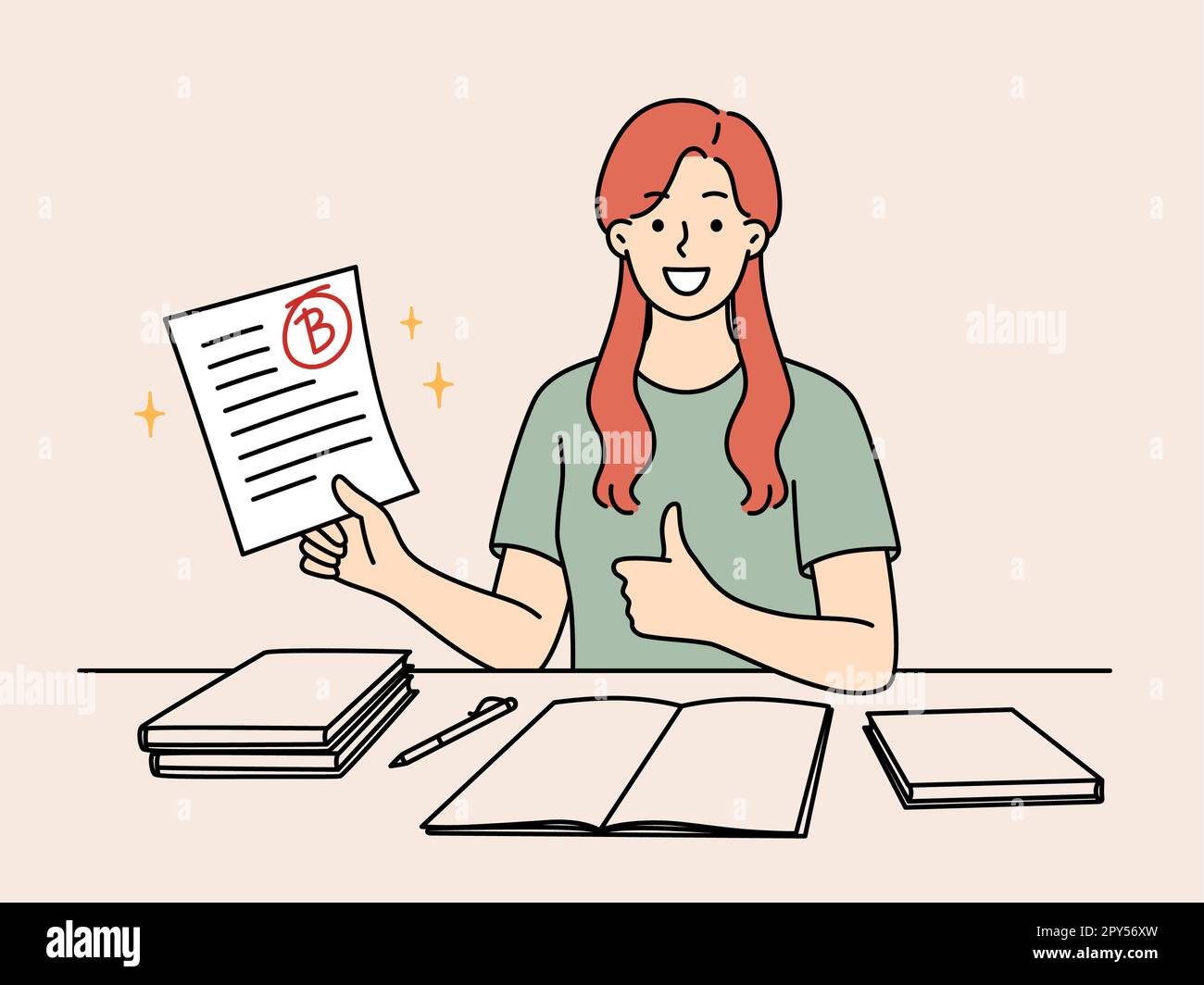 Happy girl student rejoices at average mark for test sits at table with ...