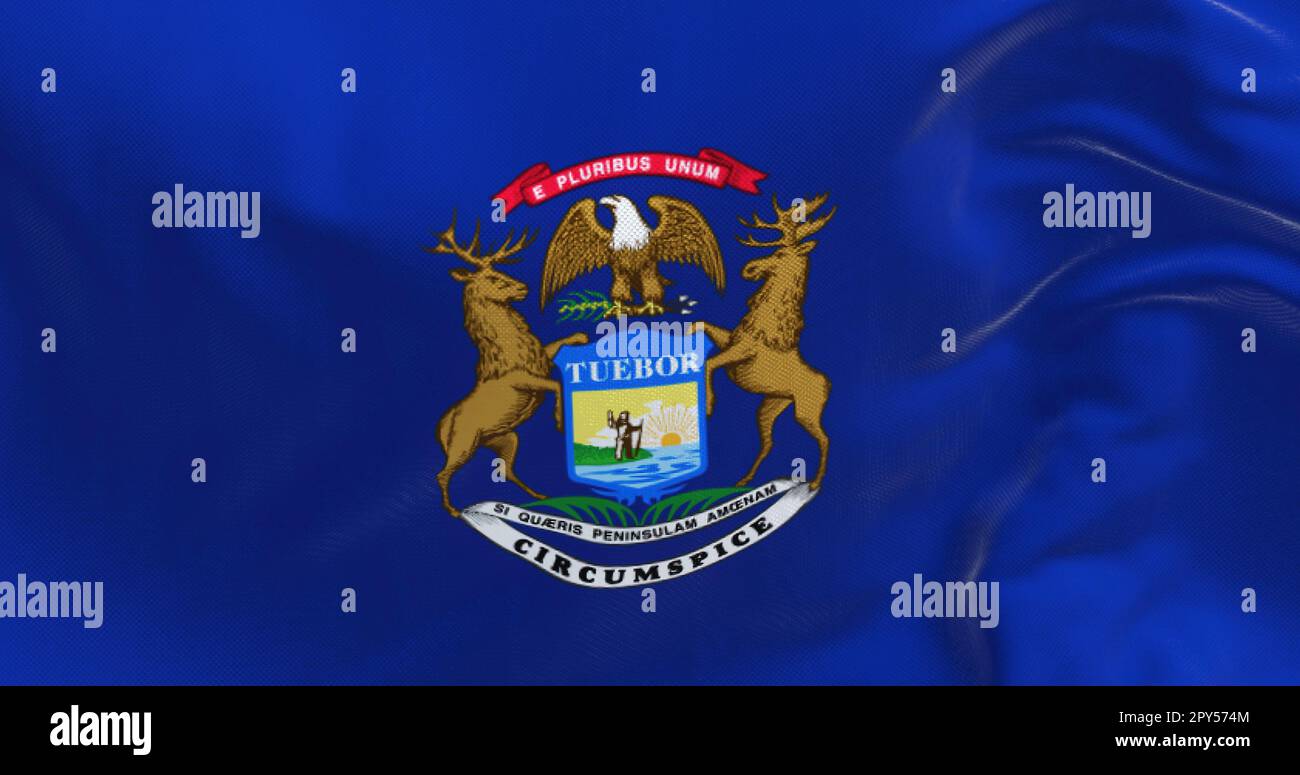 Close up view of the Michigan state flag waving. Michigan Michigan is a ...