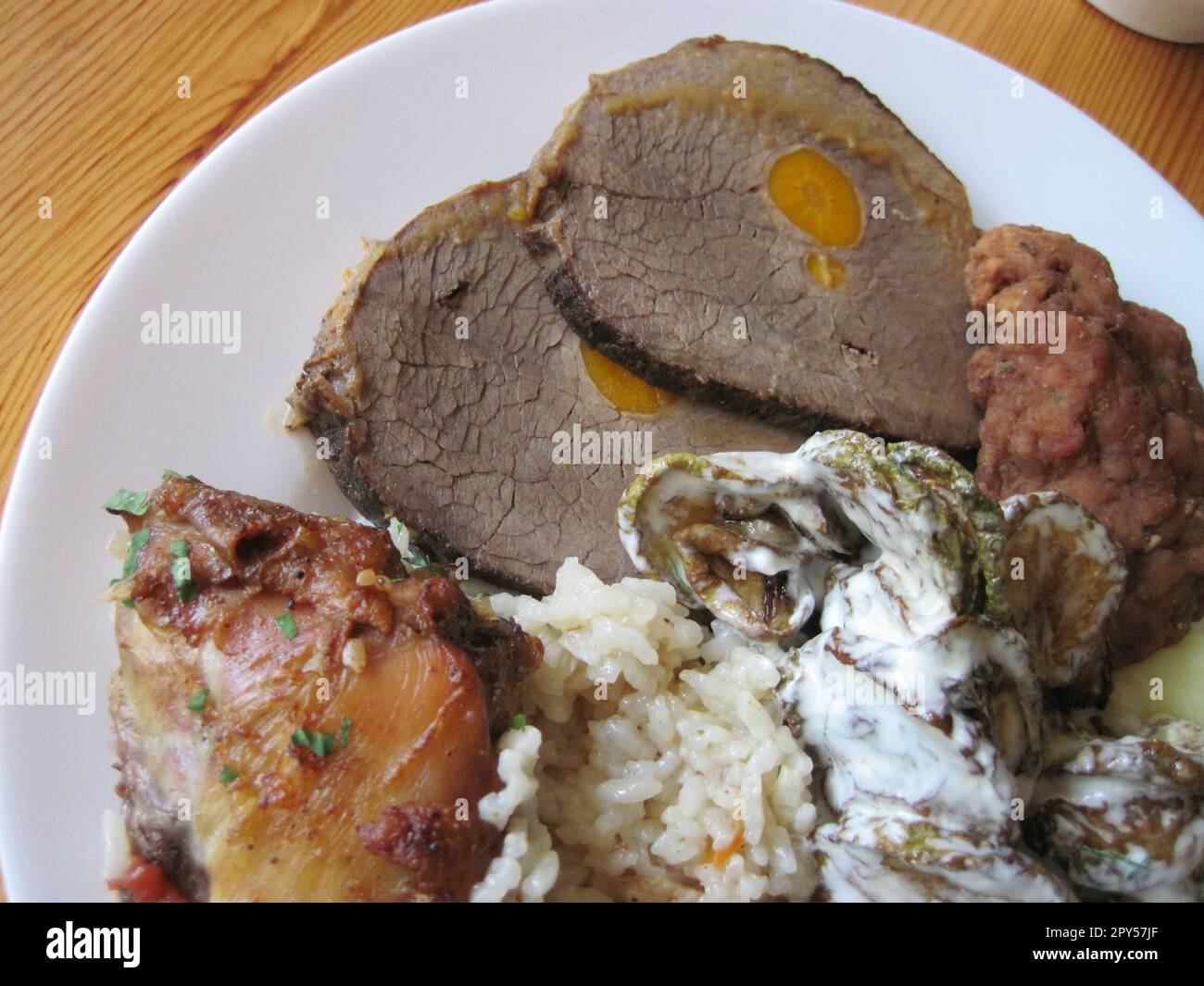 beef meat with carrot and rice as nice food background Stock Photo - Alamy