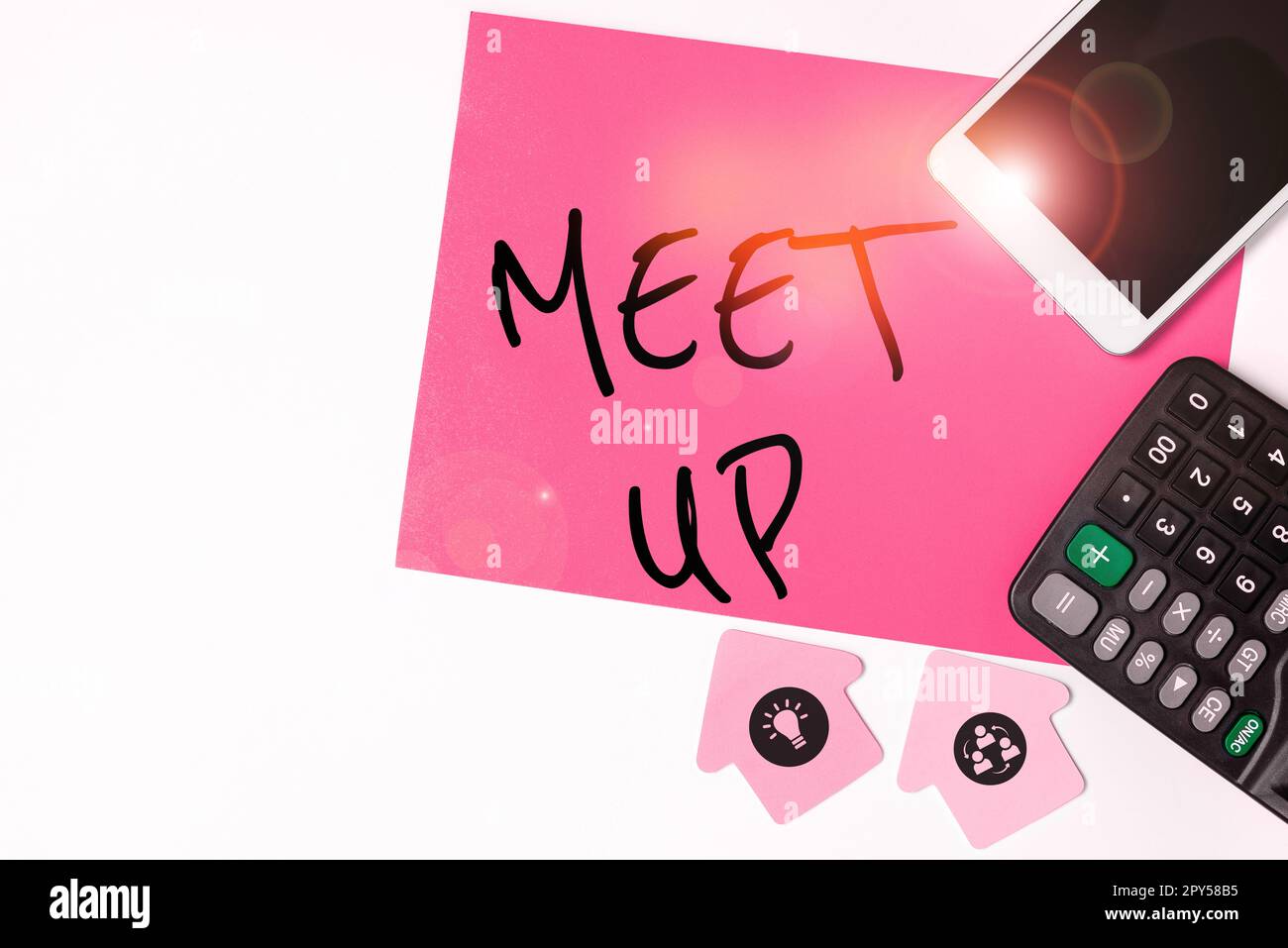 Writing displaying text Meet Up. Business overview Informal meeting ...