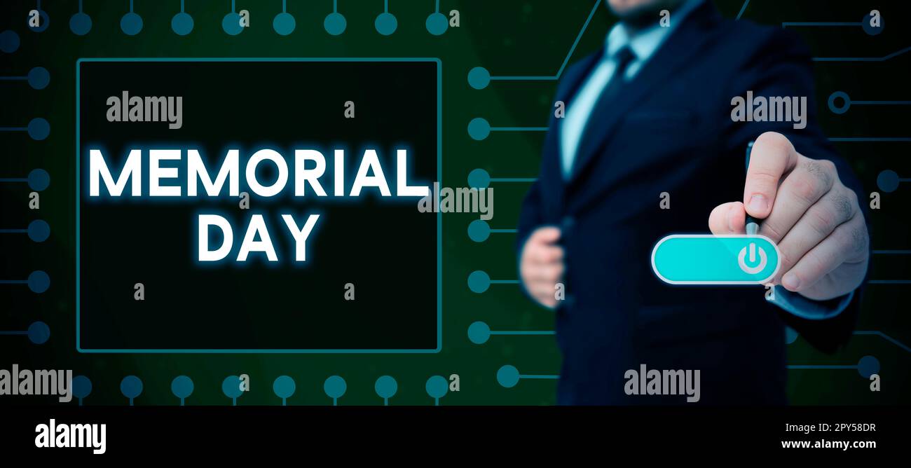 Hand writing sign Memorial Day. Word for To honor and remembering those ...