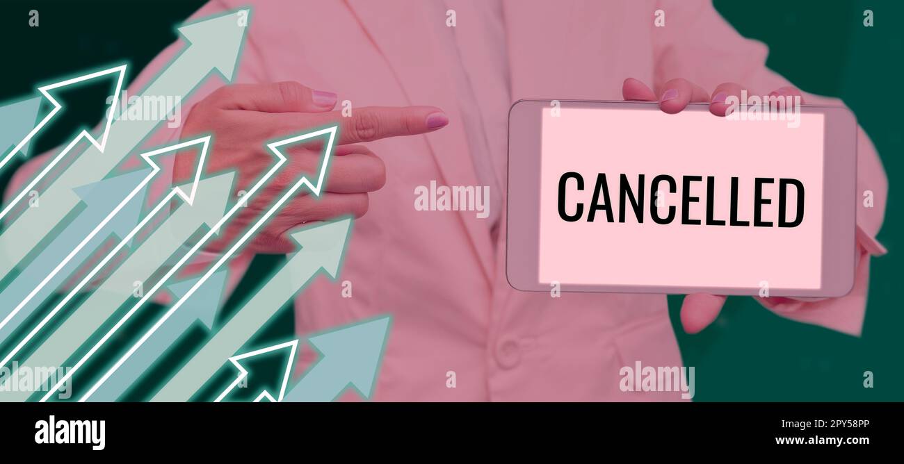 Text sign showing Cancelled. Internet Concept decide or announce that ...