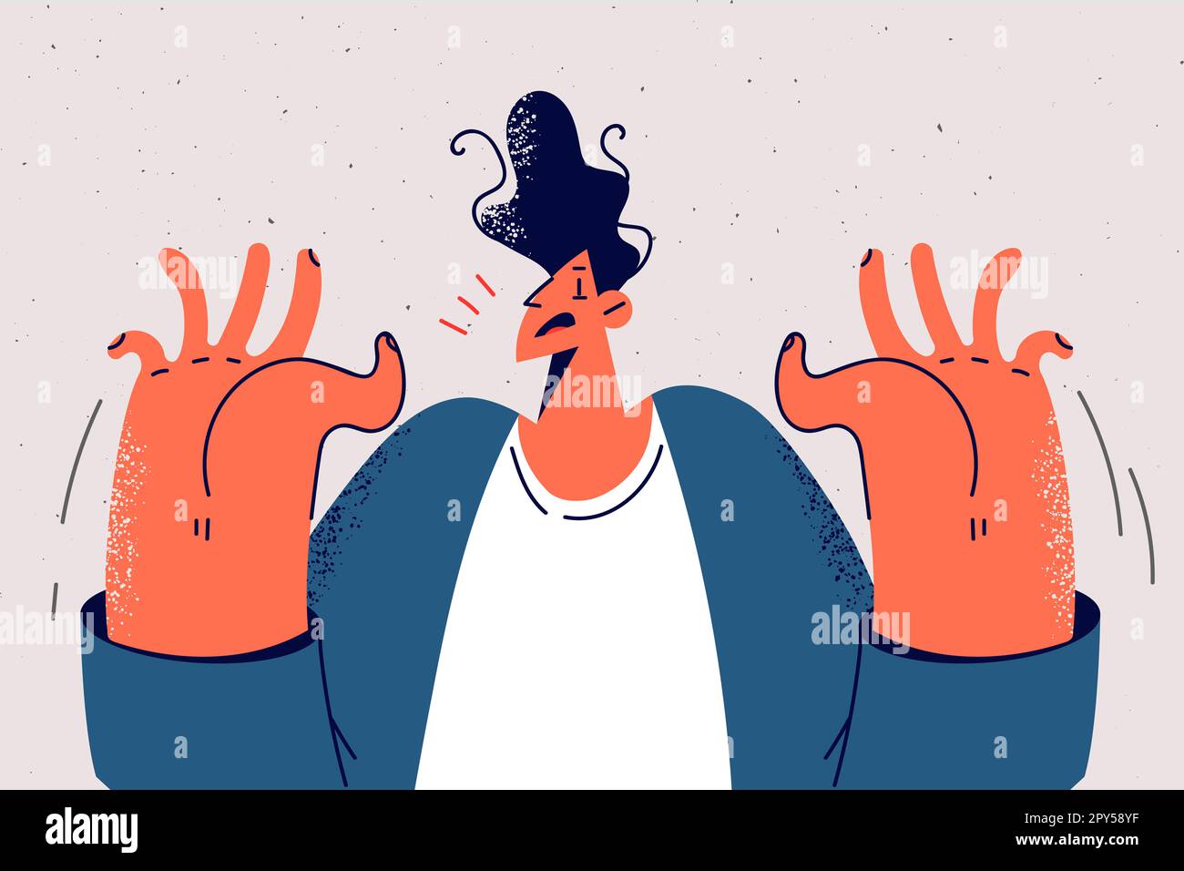 Scared man rise hands up feeling terrified or surprised. Emotional guy ...