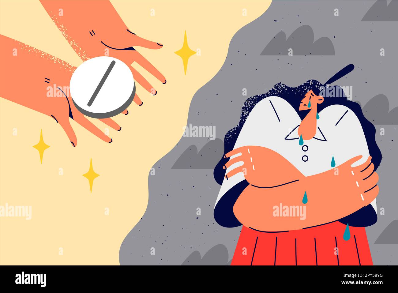 Stressed woman feel scared of pill or medicament. Unhappy girl crying ...