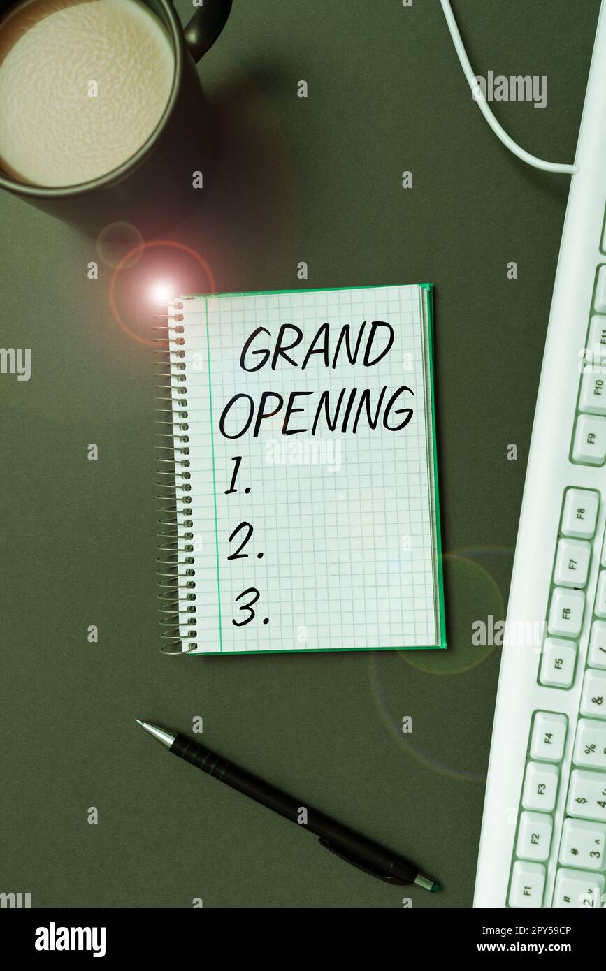 Hand writing sign Grand Opening. Word Written on Ribbon Cutting New ...