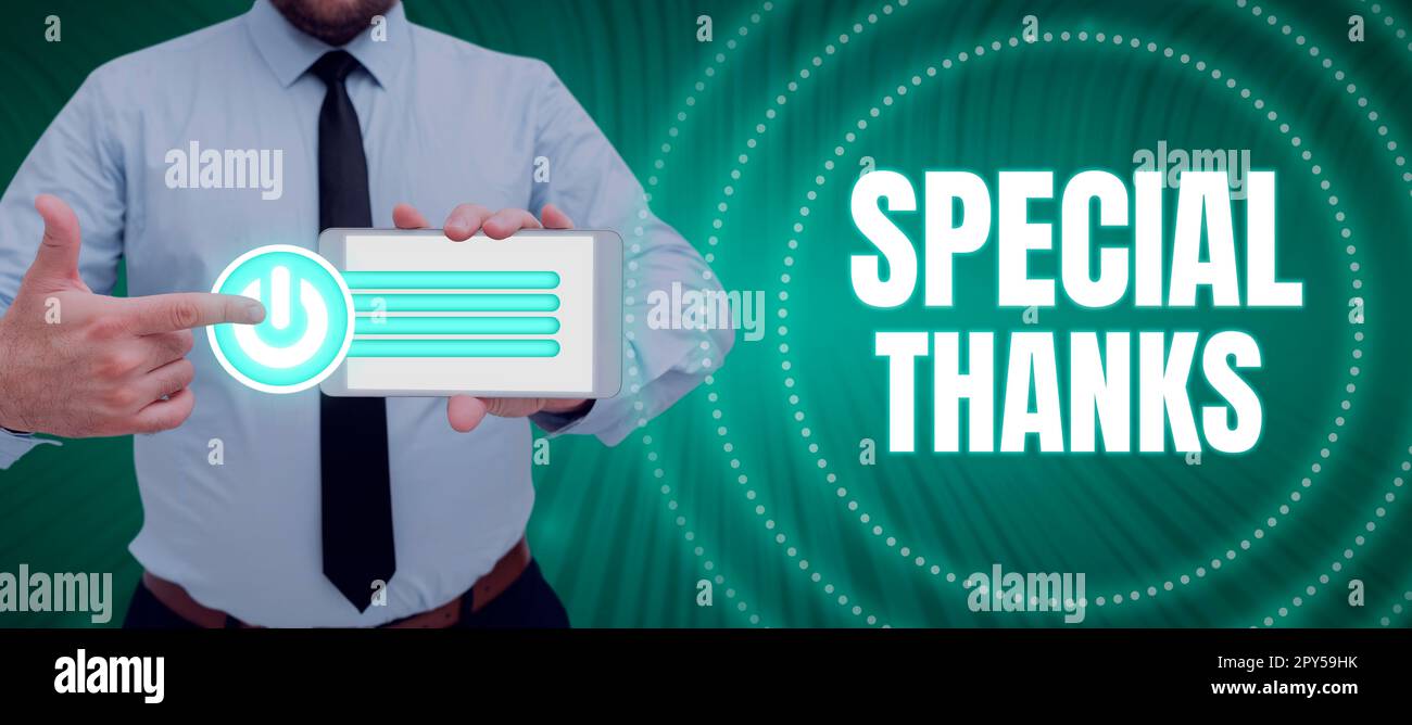Hand writing sign Special Thanks. Business showcase expression of ...