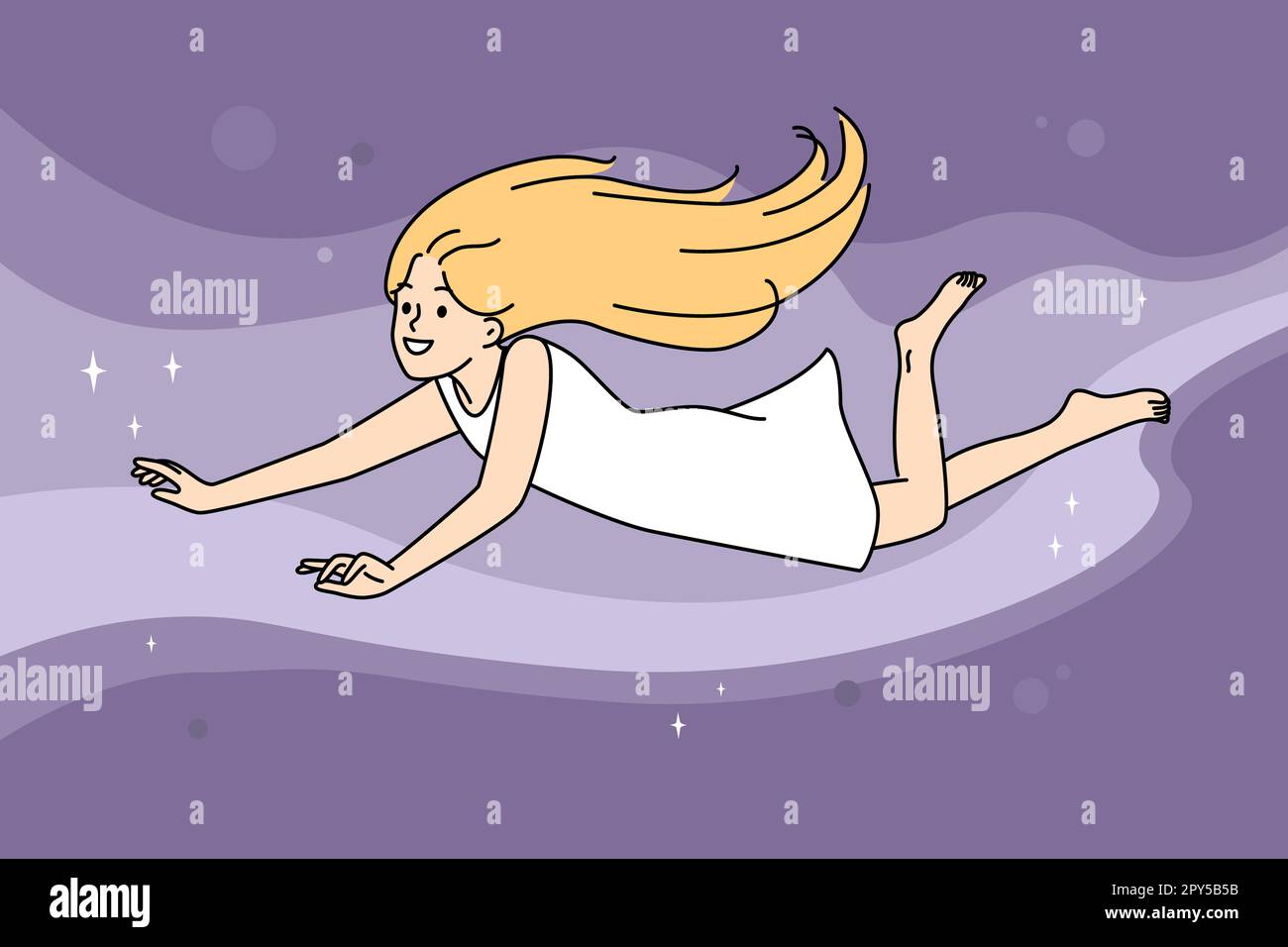 Smiling little girl flying in sky dreaming in sleep or nap. Happy ...