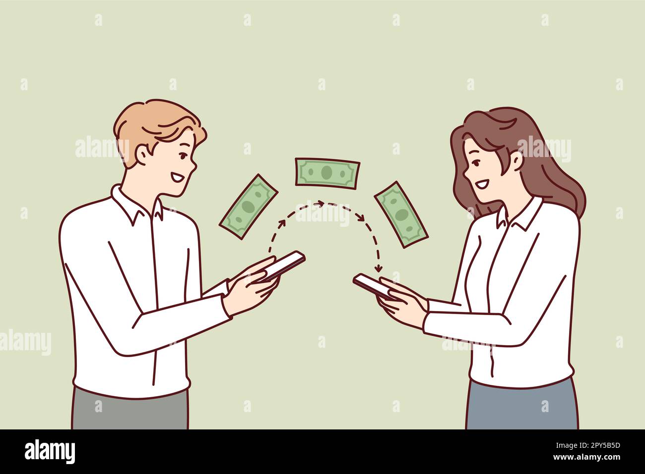 Man and woman use bank application on their phone to transfer money via ...