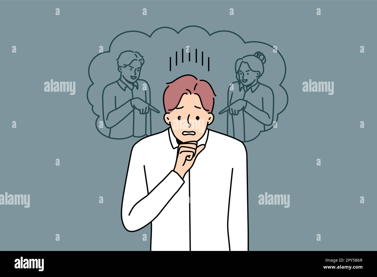 Unhappy young man feel pressure from colleagues pointing and scolding ...