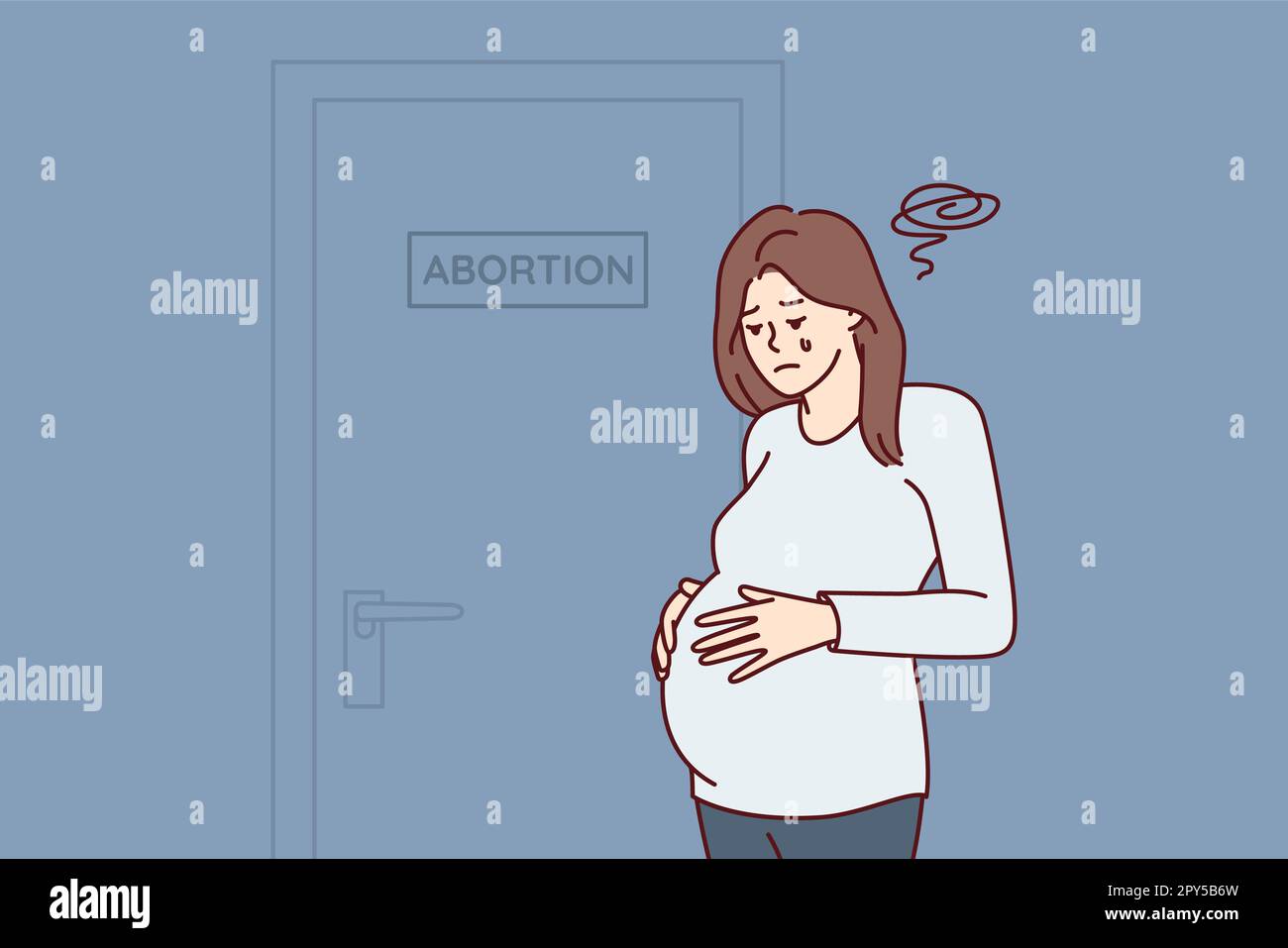 Upset pregnant woman stands near door with abortion sign needs ...