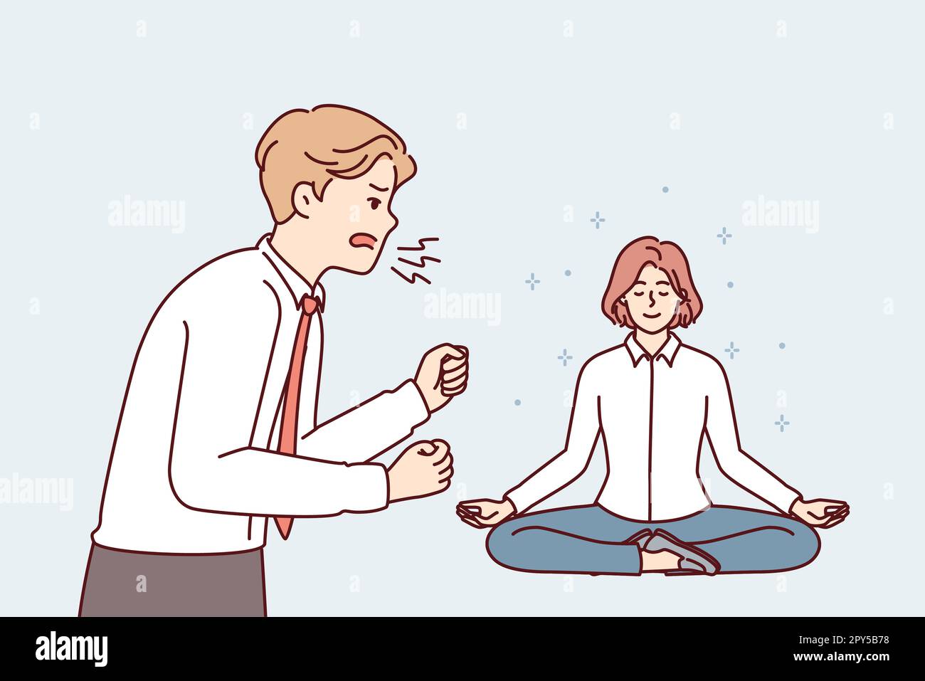 Angry manager yelling at employee sitting in lotus position and not ...