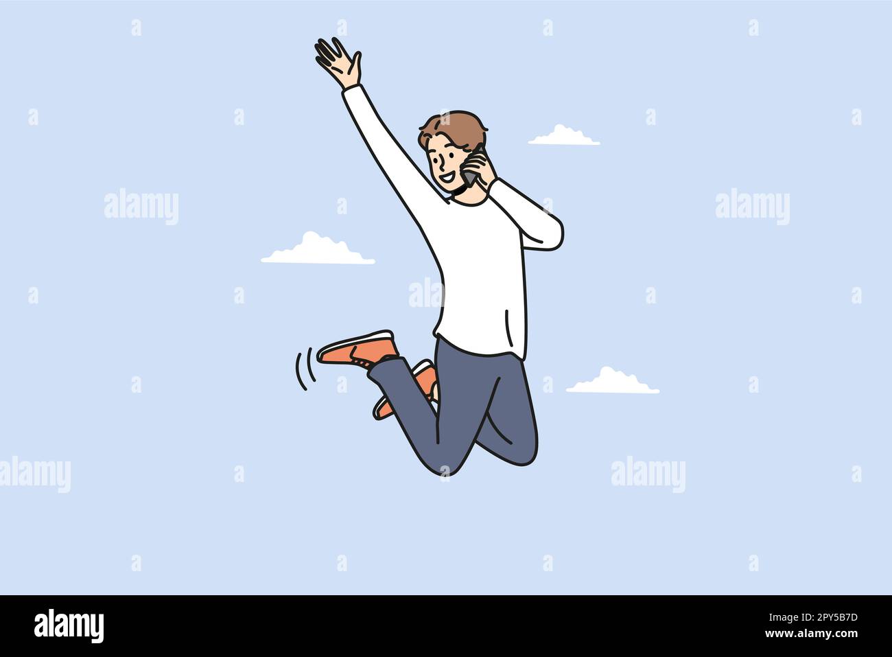 Overjoyed young man jumping in air talking on cellphone. Smiling guy feel excited and triumphant ...