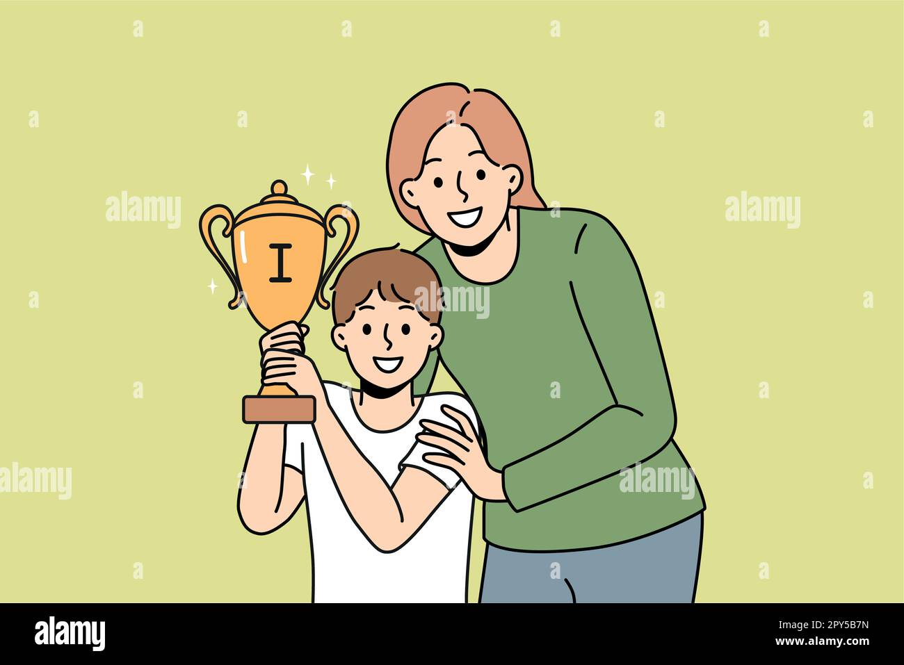 Smiling young mother hug little son holding golden trophy celebrate win ...