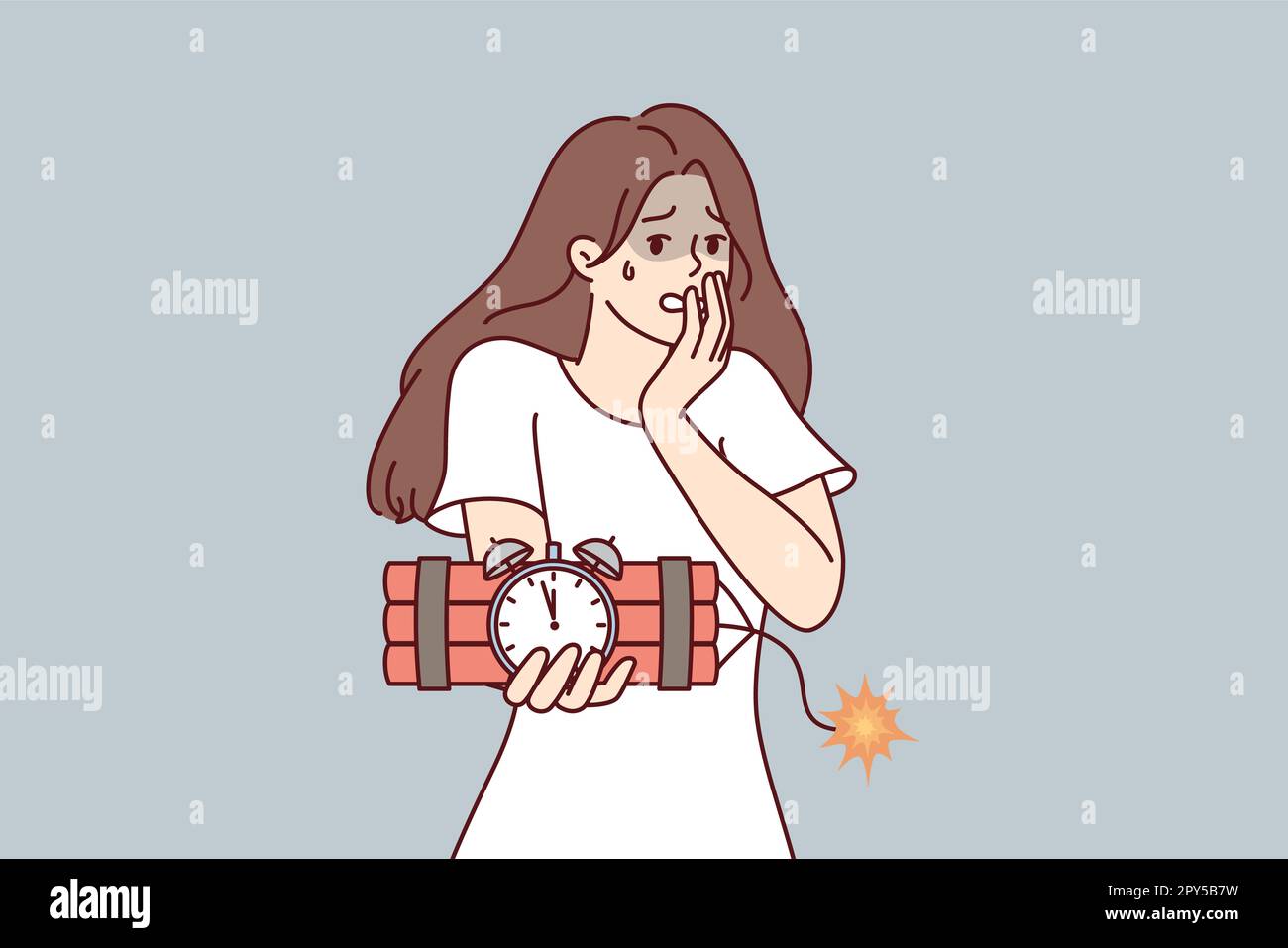 Frightened woman holding bomb in hands panicking because of explosion ...