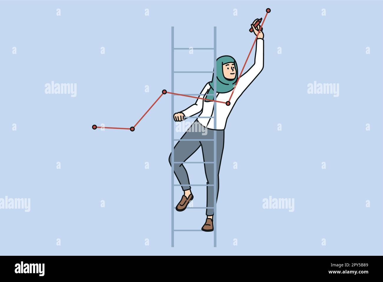 Female Arabic employee in hijab standing on ladder drawing graph or ...