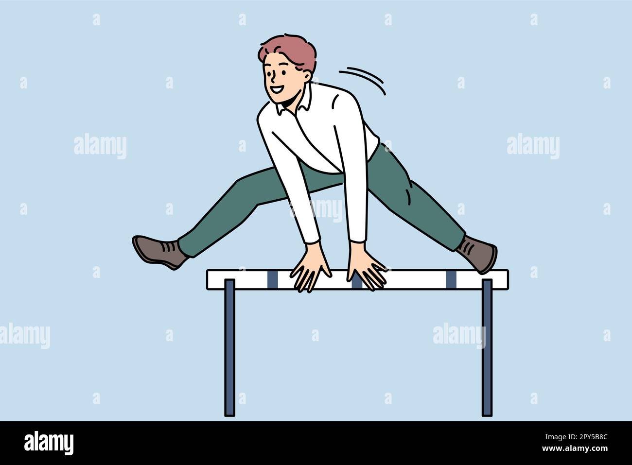 Smiling motivated businessman jumping over obstacle show problem ...