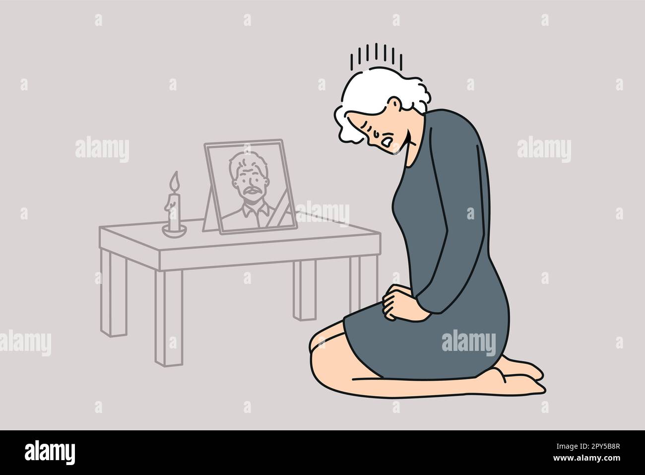 Desperate mature woman crying near husband portrait mourn after ...