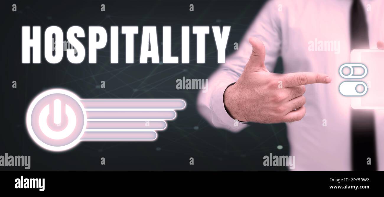 Hand writing sign Hospitality. Business overview the friendly and ...