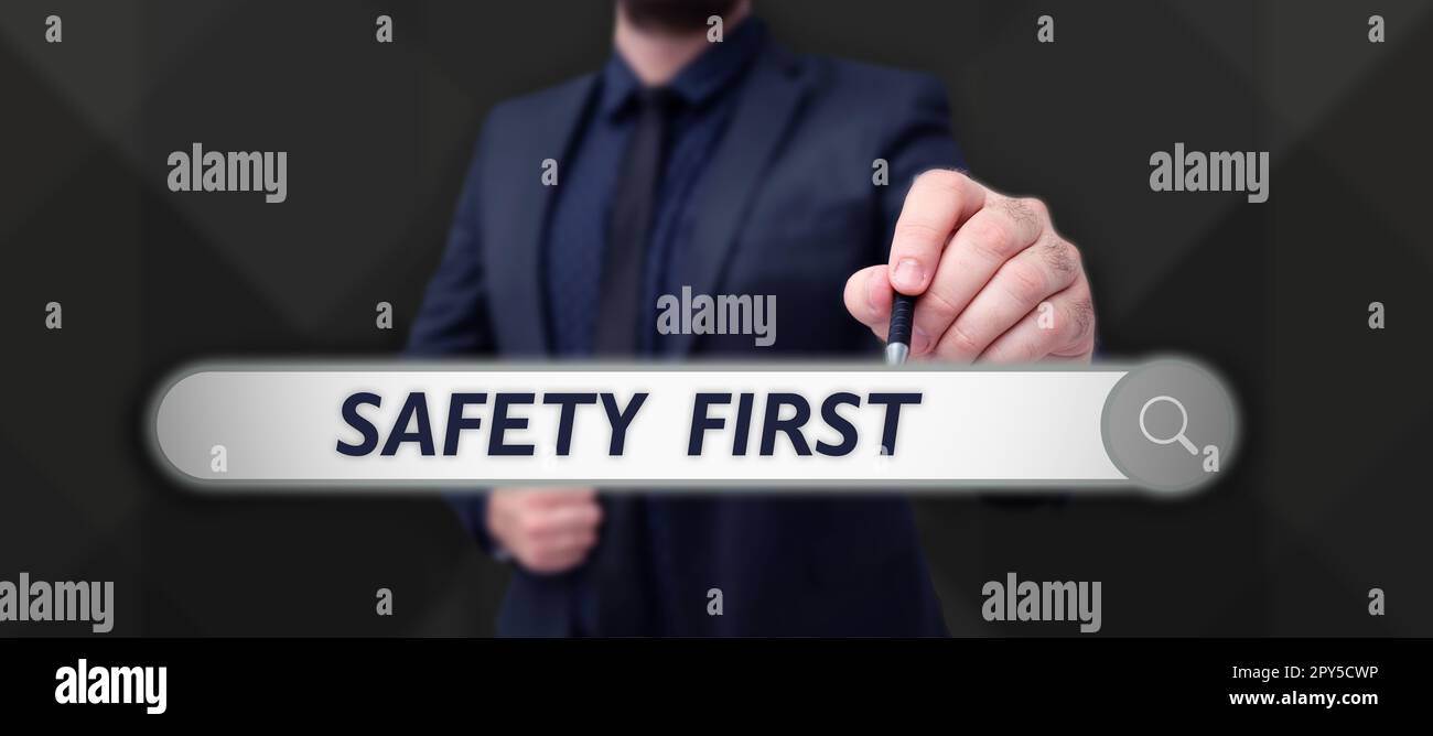 Text showing inspiration Safety First. Business overview Avoid any ...