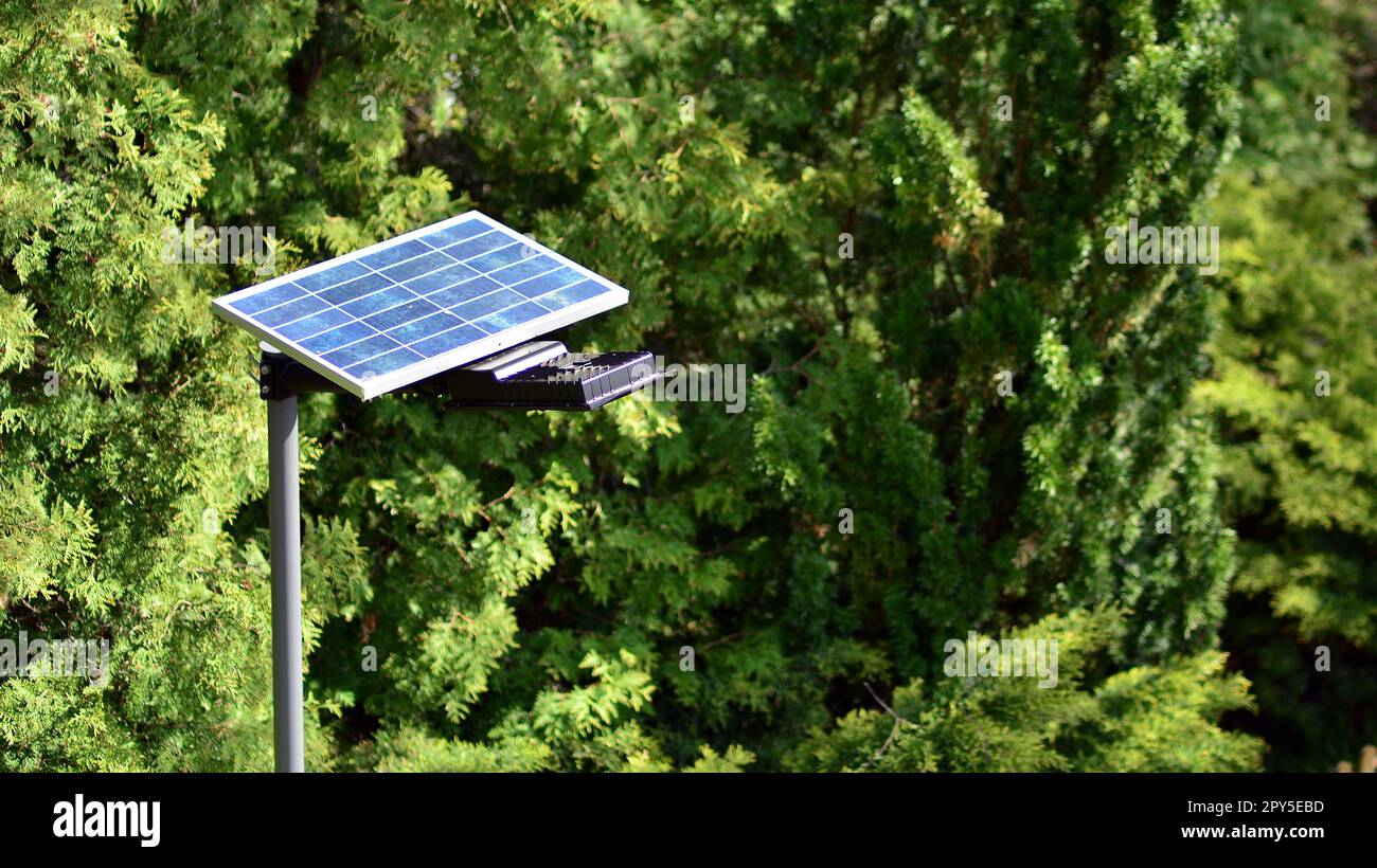 Lighting pole with photovoltaic panel and LED lamp lights with green ...