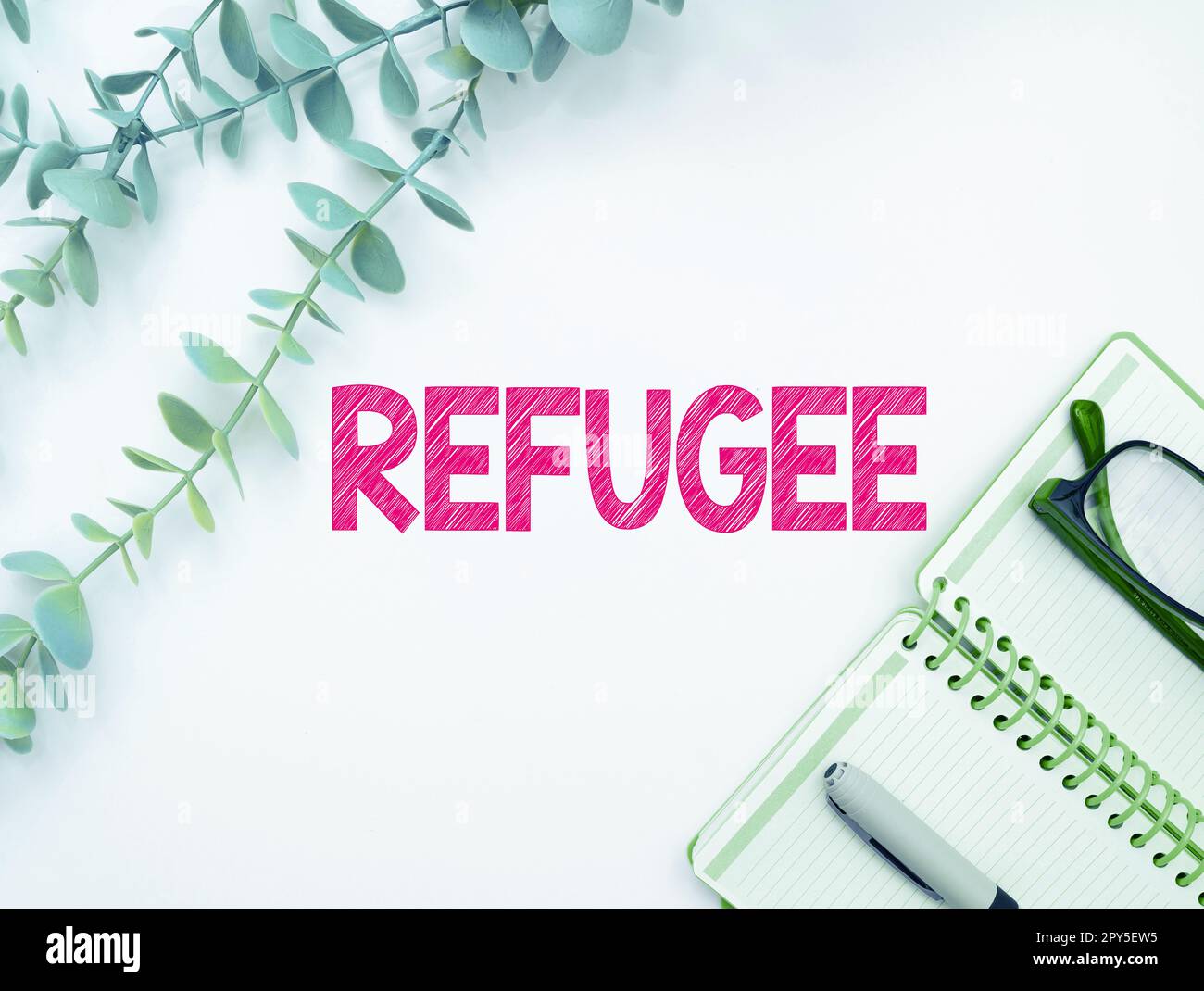 Text sign showing Refugee. Word for refer to movements of large groups ...