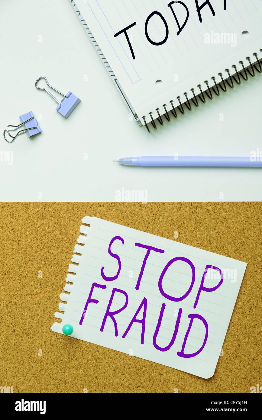 Hand writing sign Stop Fraud. Business overview campaign advices people ...