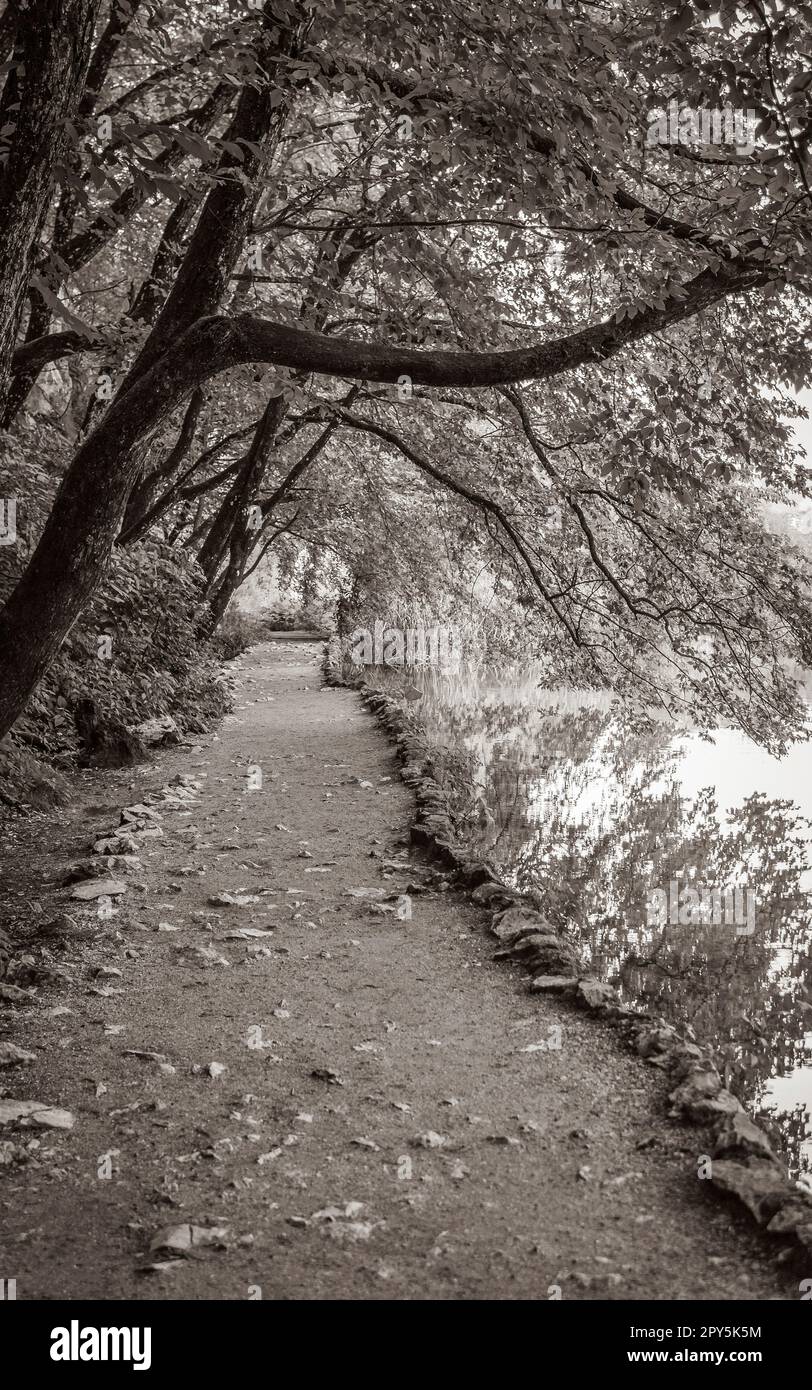Landscape trail on turquoise lakes. Plitvice Lakes National Park ...
