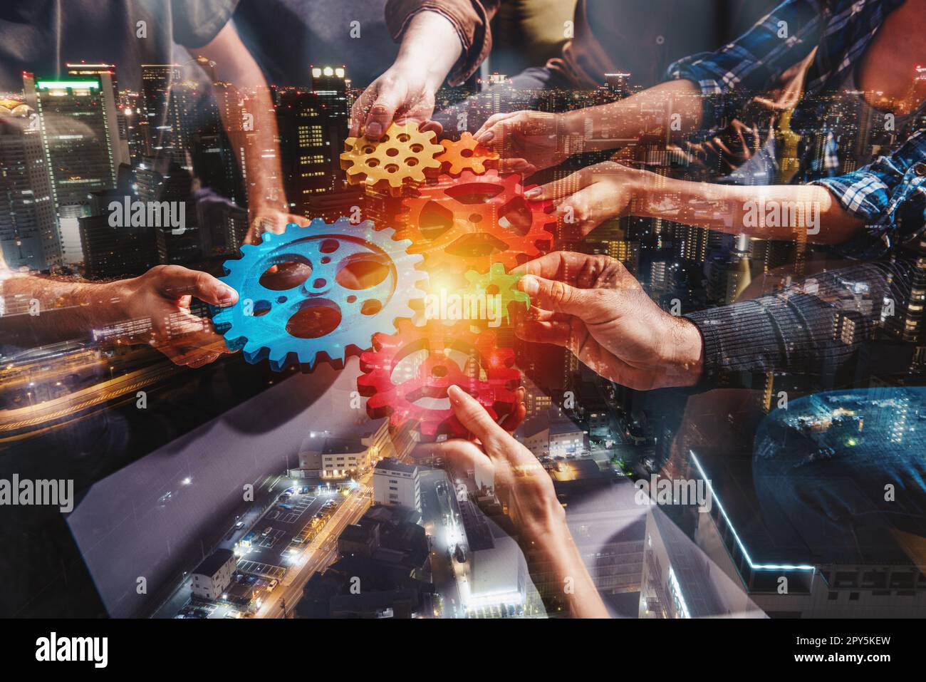 Business team connect pieces of gears. Teamwork, partnership and ...
