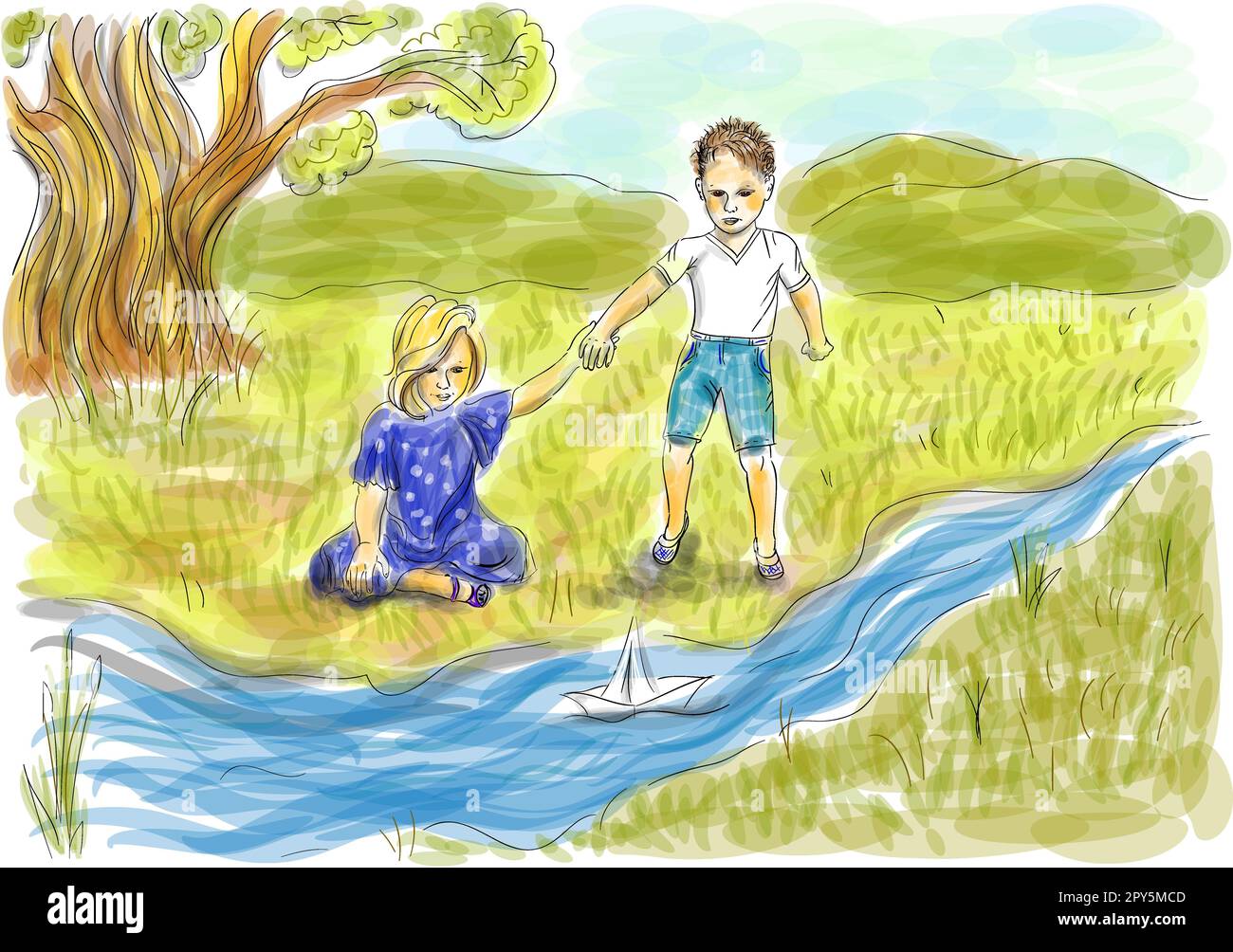 children near the stream vector illustration Stock Photo - Alamy