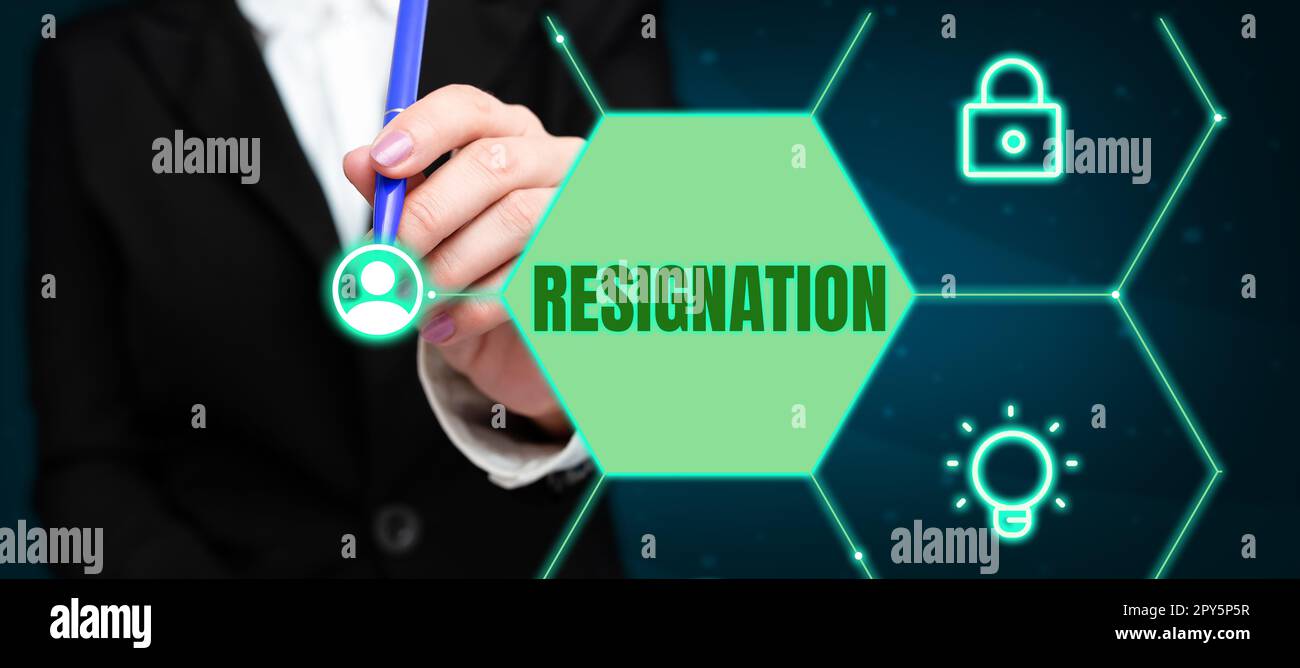 Hand writing sign Resignation. Concept meaning act of giving up working ...