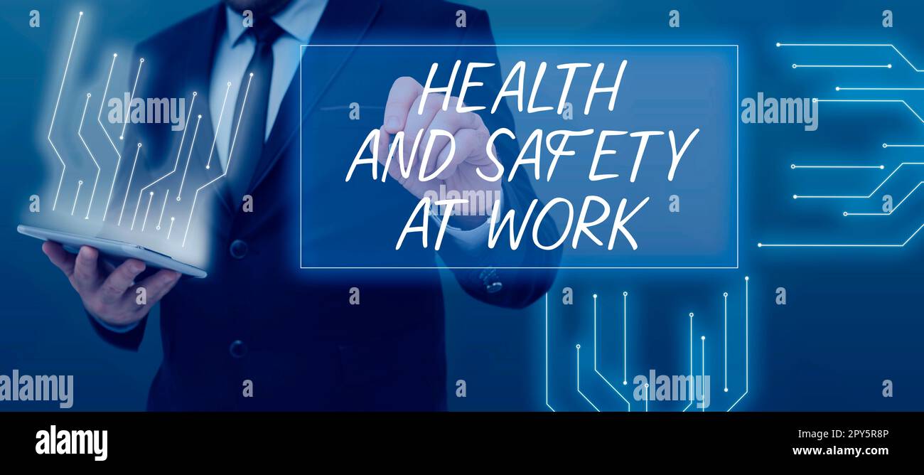 Hand writing sign Health And Safety At Work. Concept meaning Secure ...