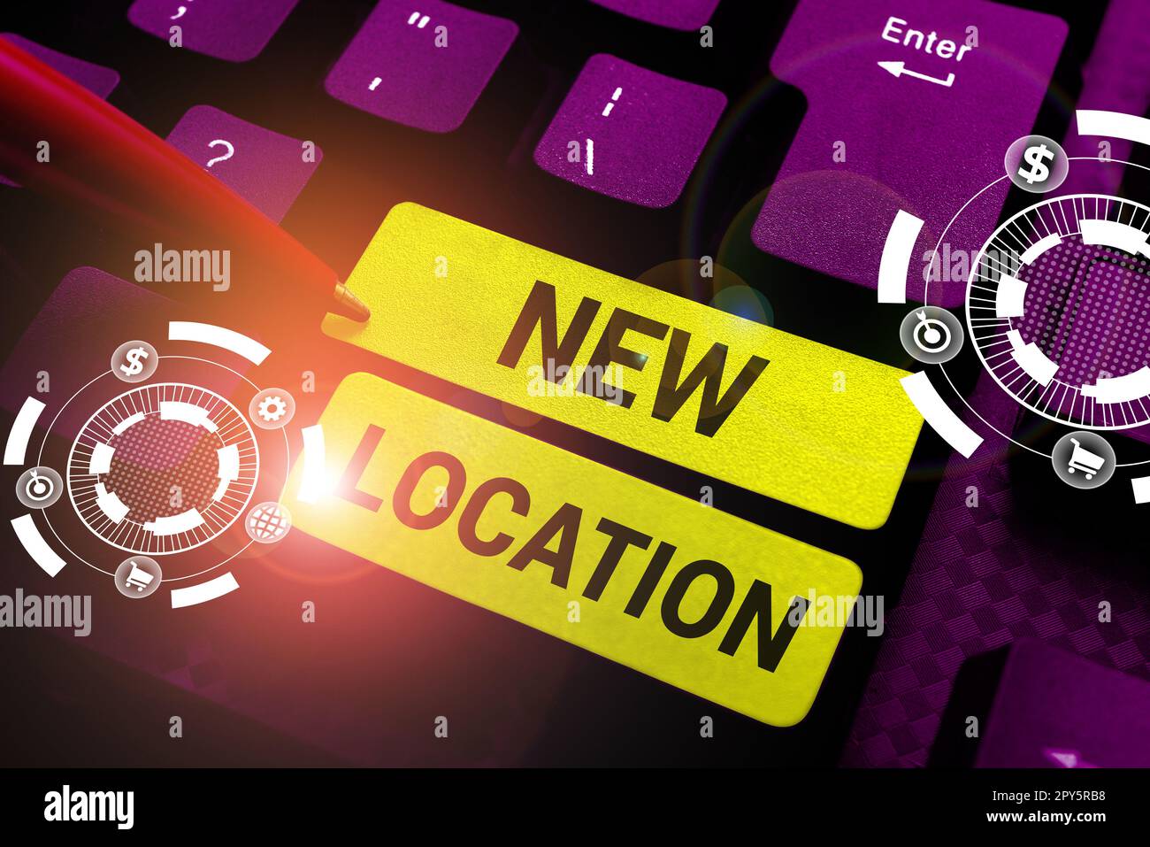 Text caption presenting New Location. Word Written on Get located on a ...