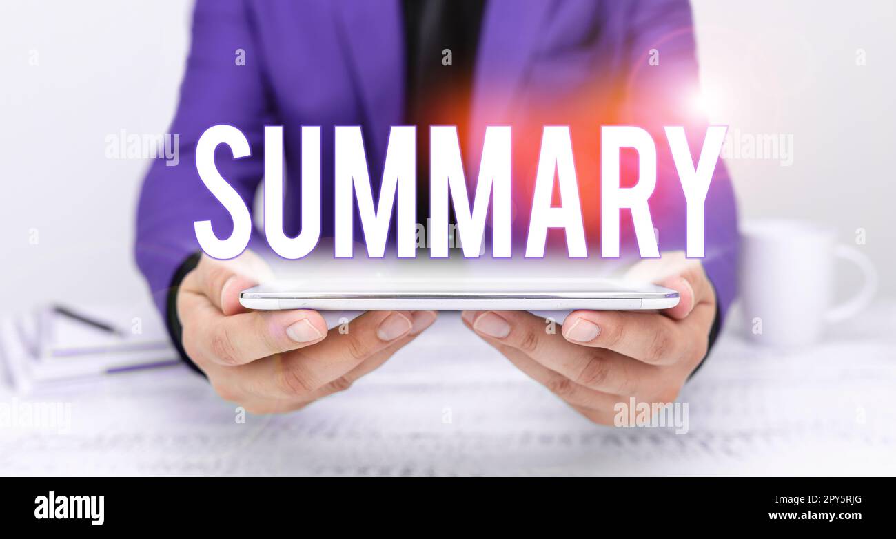 Text caption presenting Summary. Word Written on Brief Statement ...