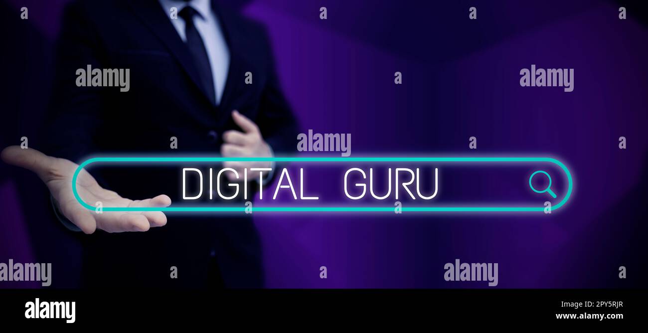 Handwriting text Digital Guru. Word for teacher and intellectual guide in matters of fundamental ...
