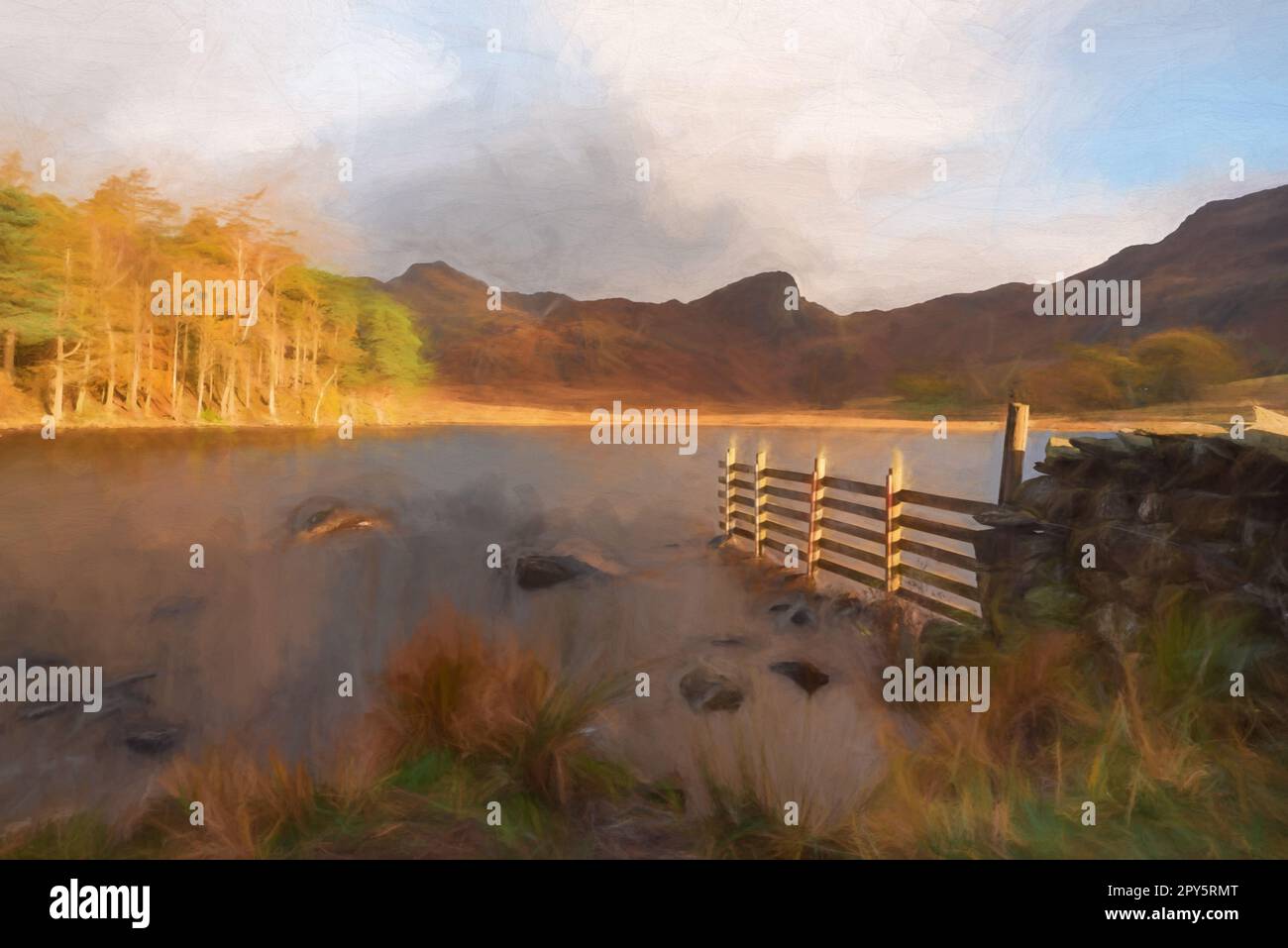 Digital painting of moody morning fall light at Blea Tarn in the ...