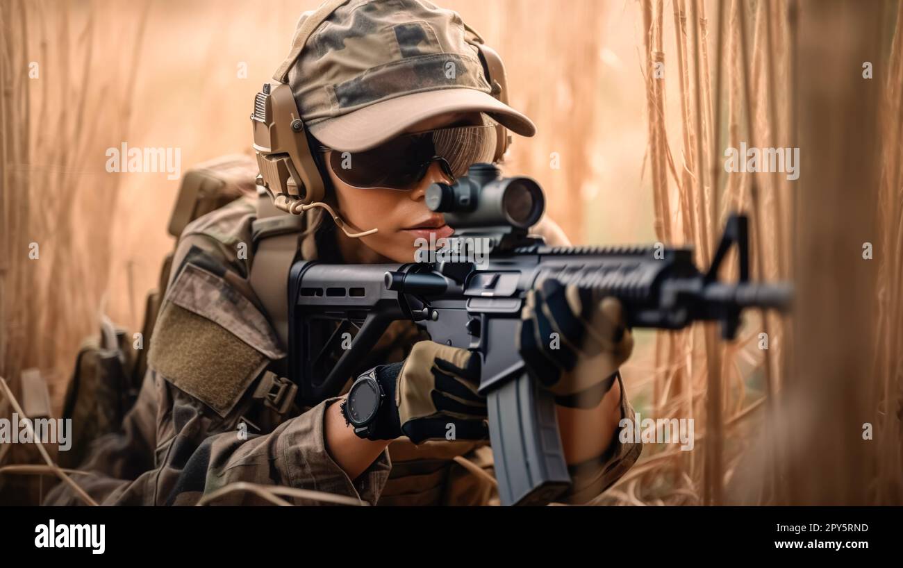 A female soldier in military fatigues crouches in a field of grass, her ...