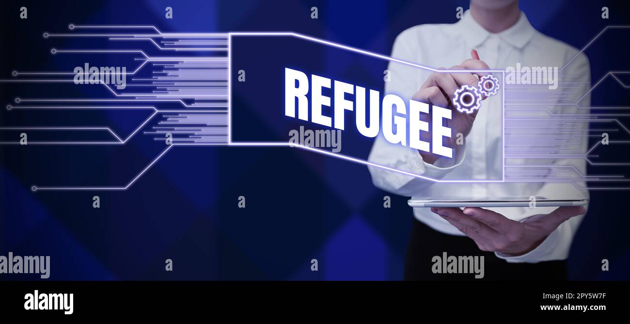 Text caption presenting Refugee. Word for refer to movements of large ...
