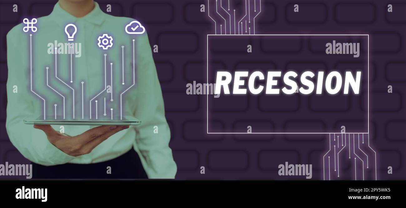 Text caption presenting Recession. Business concept the process of progressive decrease in ...