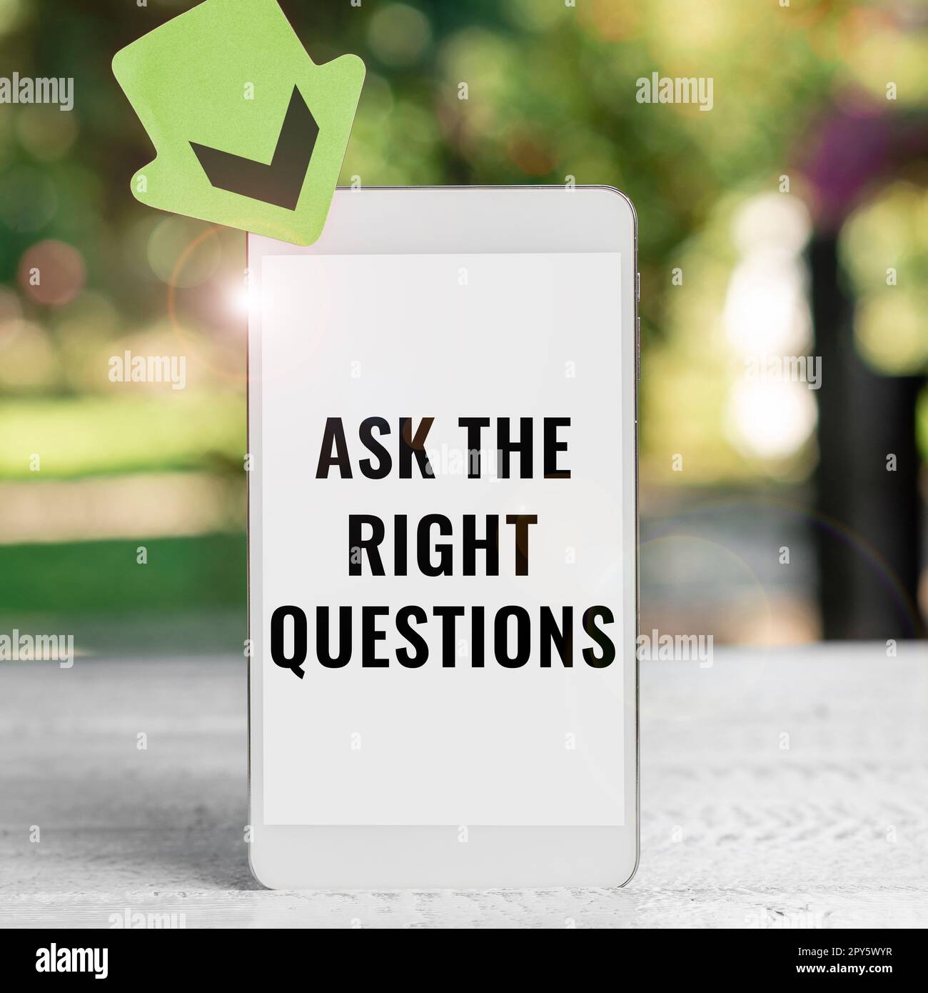 Hand writing sign Ask The Right Questions. Word for Look for a ...