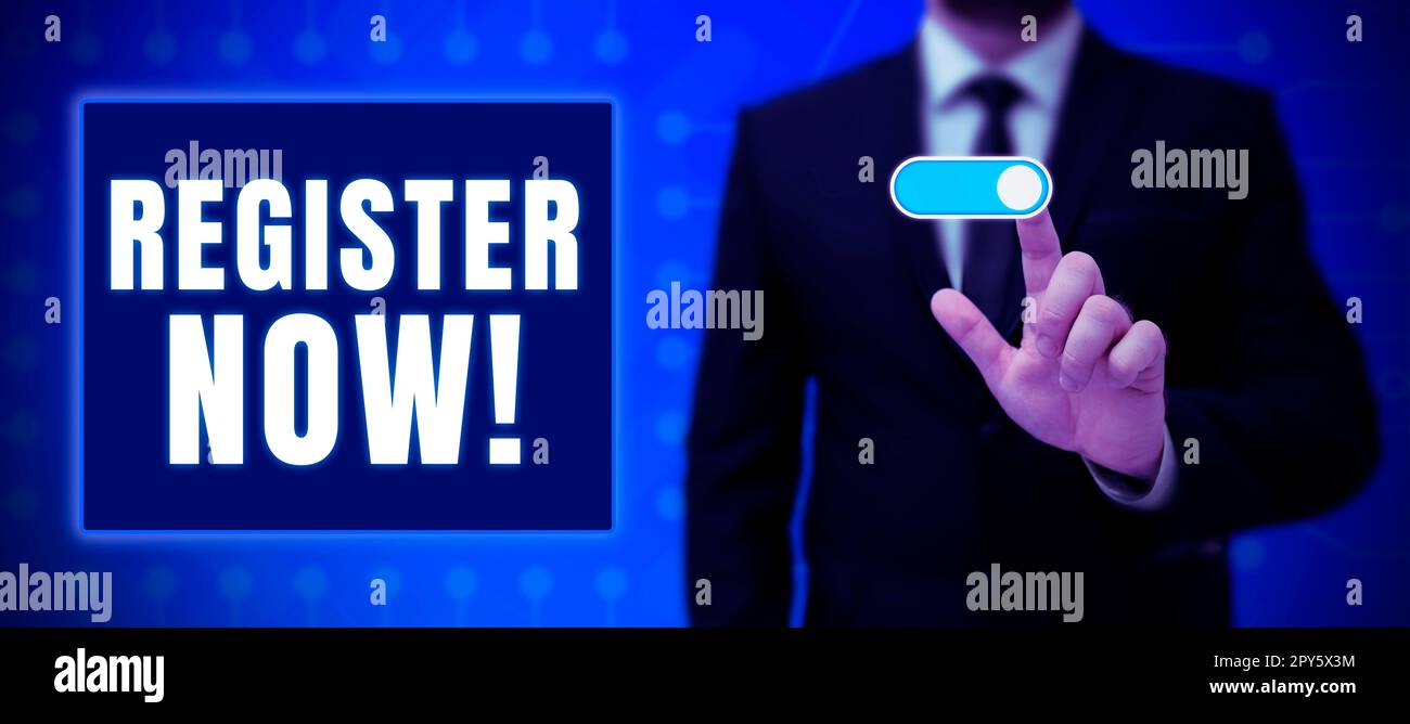 Hand writing sign Register Now. Word Written on Name in an Official ...