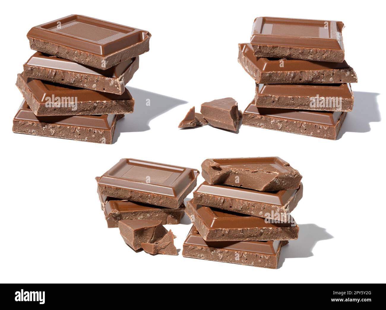 A stack of broken milk chocolate on a white isolated background, square ...