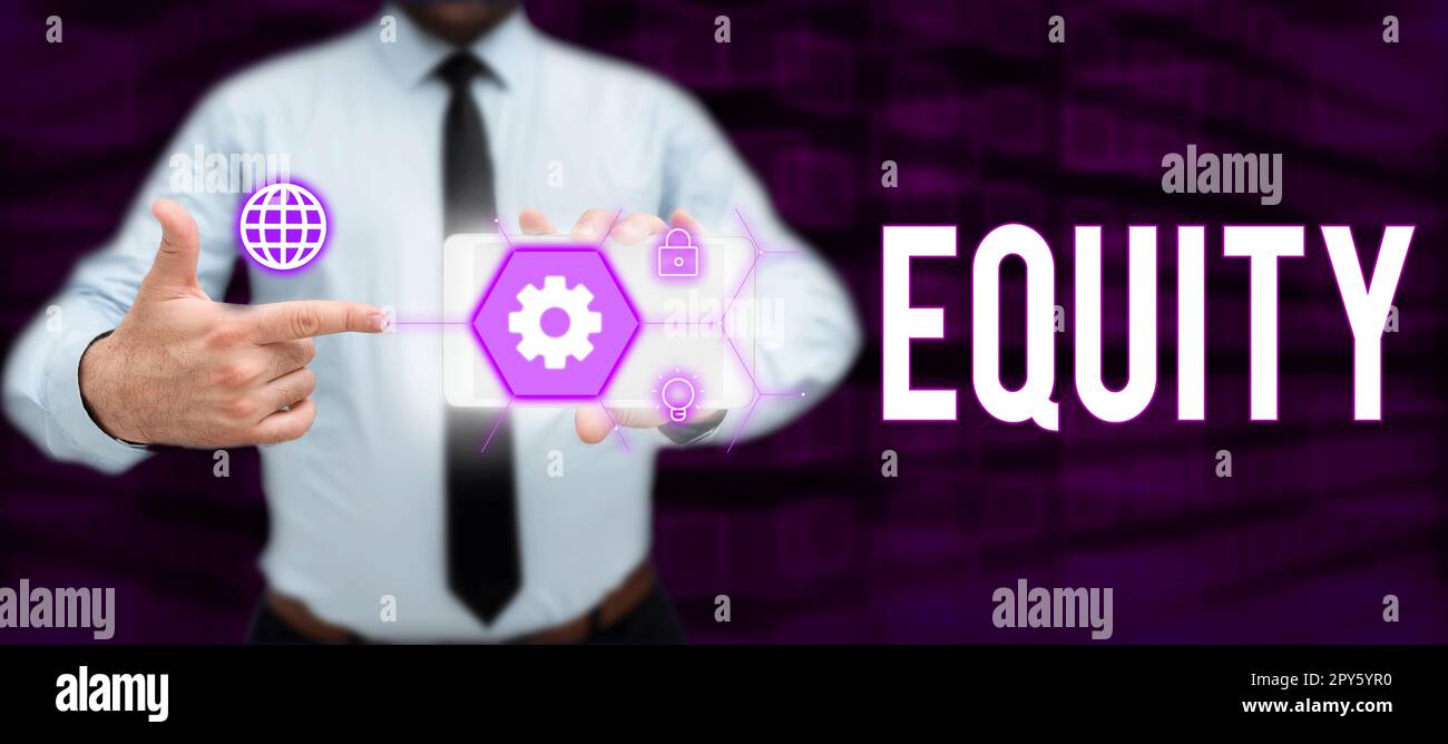 Hand writing sign Equity. Concept meaning quality of being fair and ...