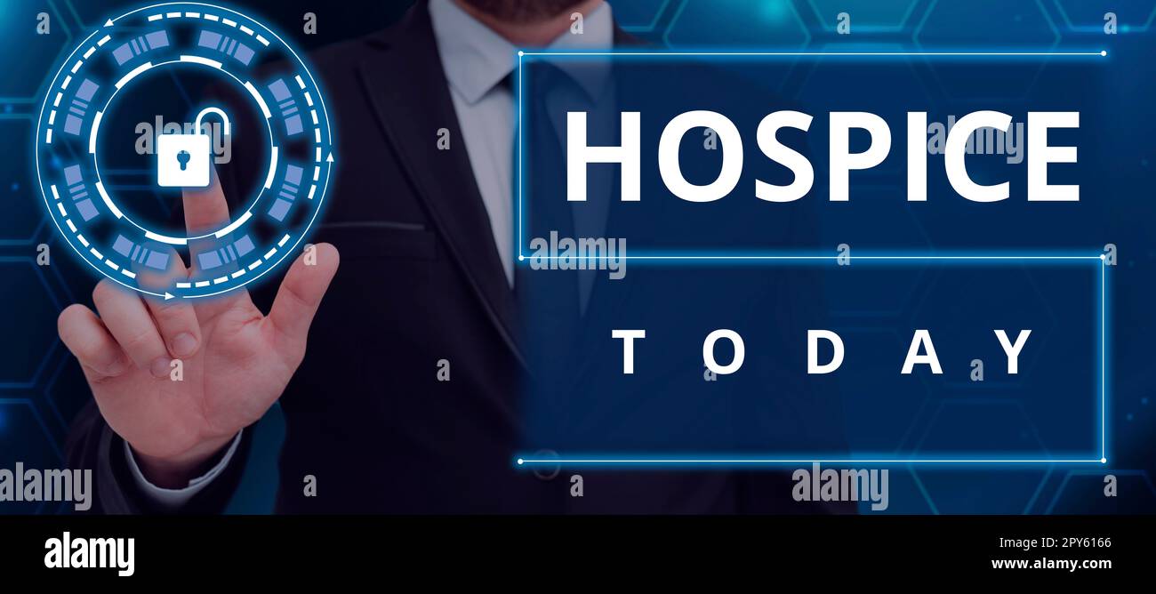 Hand writing sign Hospice. Word Written on focuses on the palliation of ...