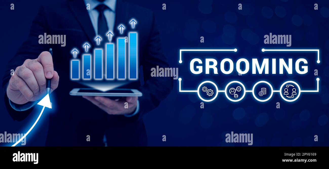 Text sign showing Grooming. Word for hygienic care and enhancing the ...