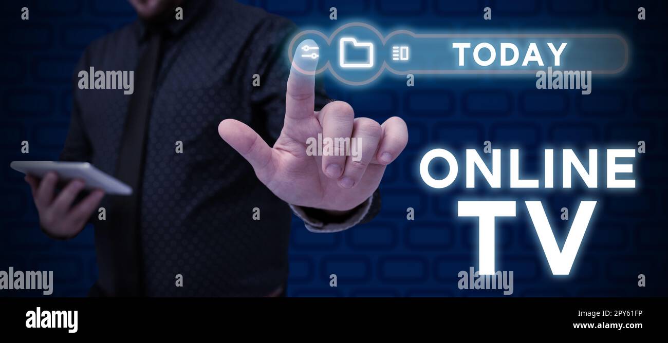 Hand writing sign Online Tv. Word Written on a television production ...