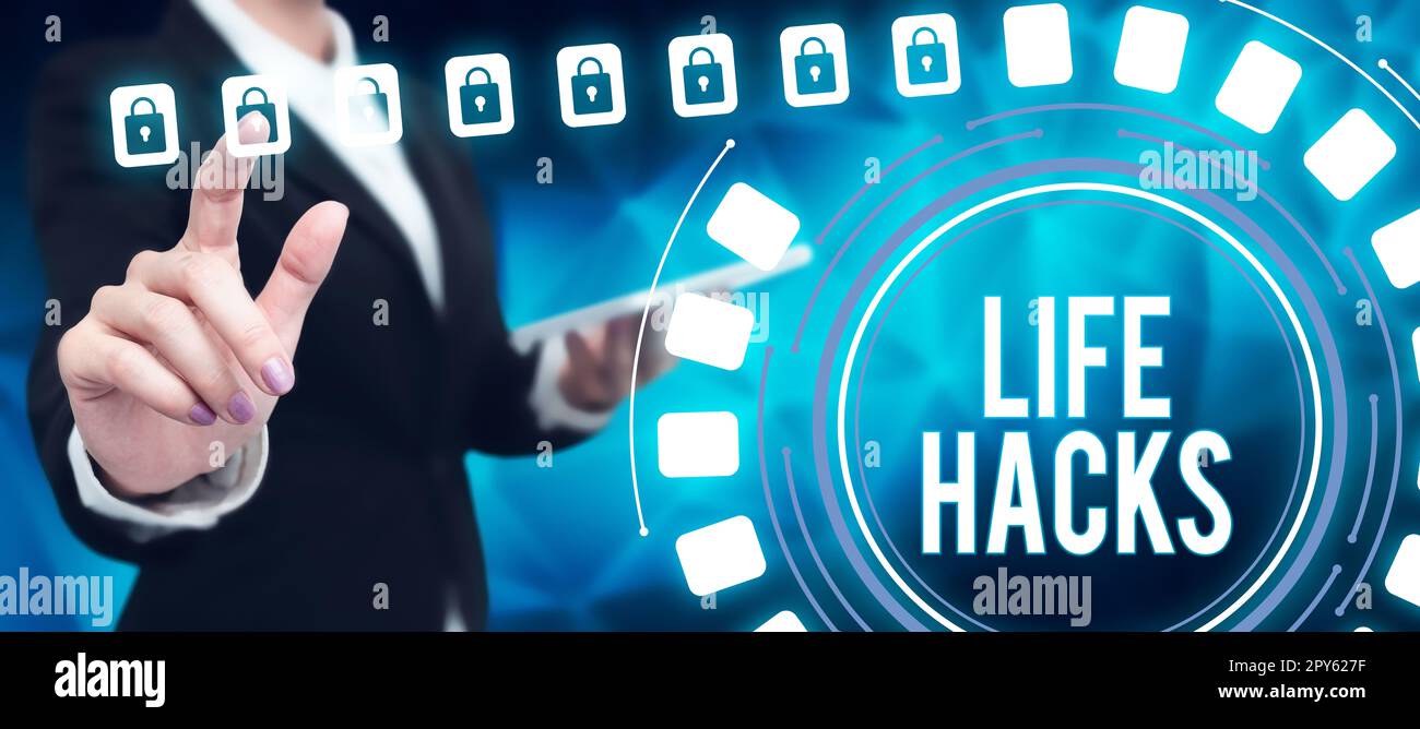 Text caption presenting Life Hacks. Business idea Strategy technique to ...