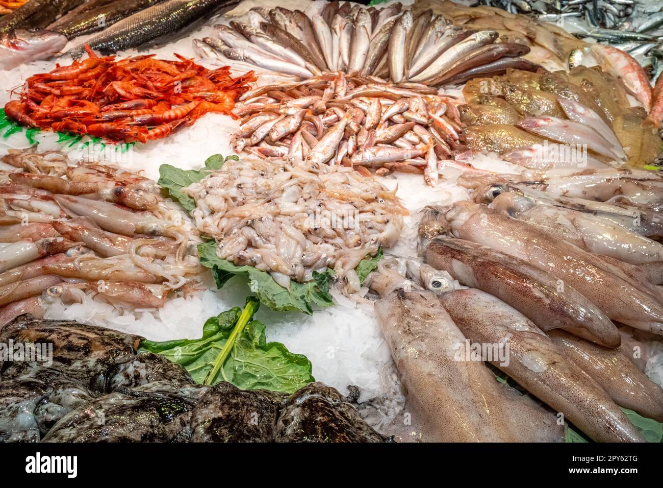Fresh fish and seafood for sale at a market in Barcelona, Spain Stock ...
