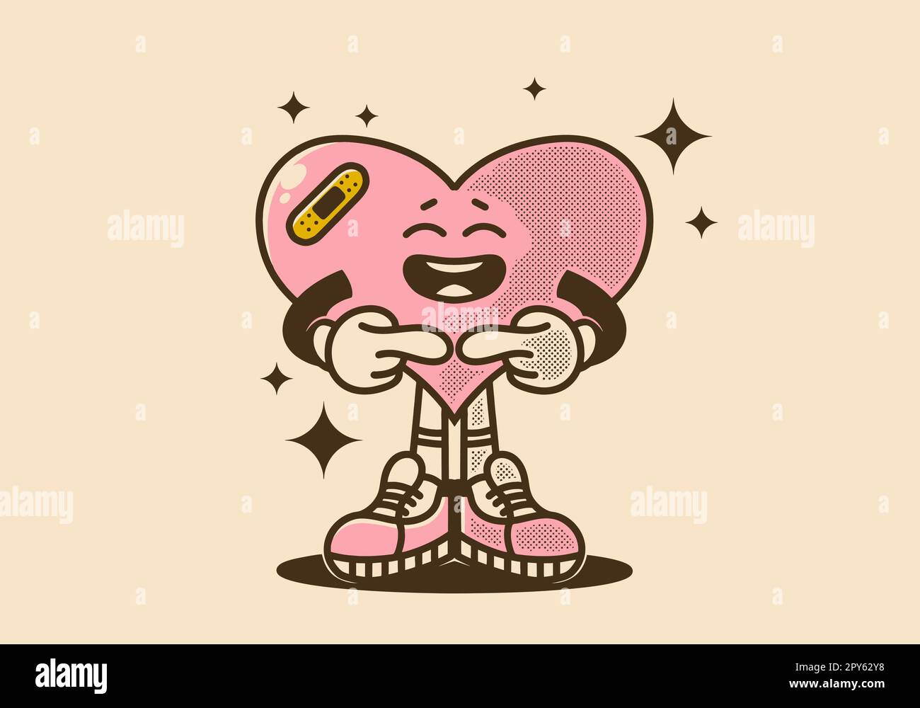 Pink heart character design with shy expression in vintage style Stock ...
