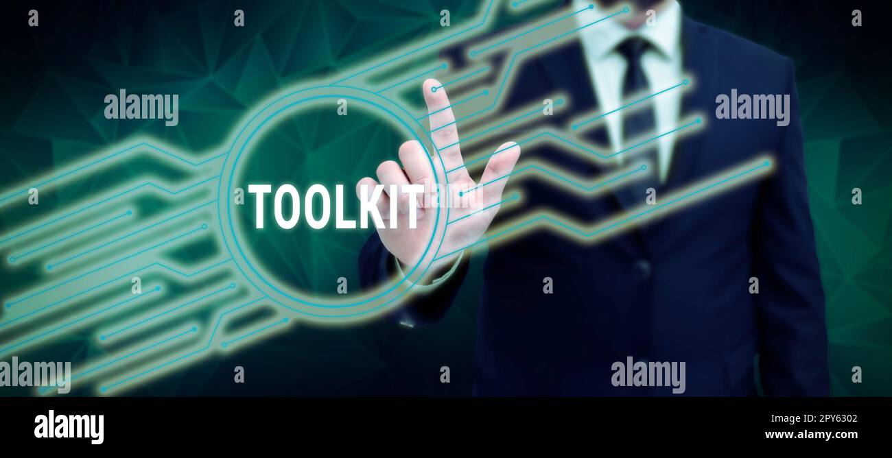 Conceptual display Toolkit. Word Written on set of tools kept in a bag ...