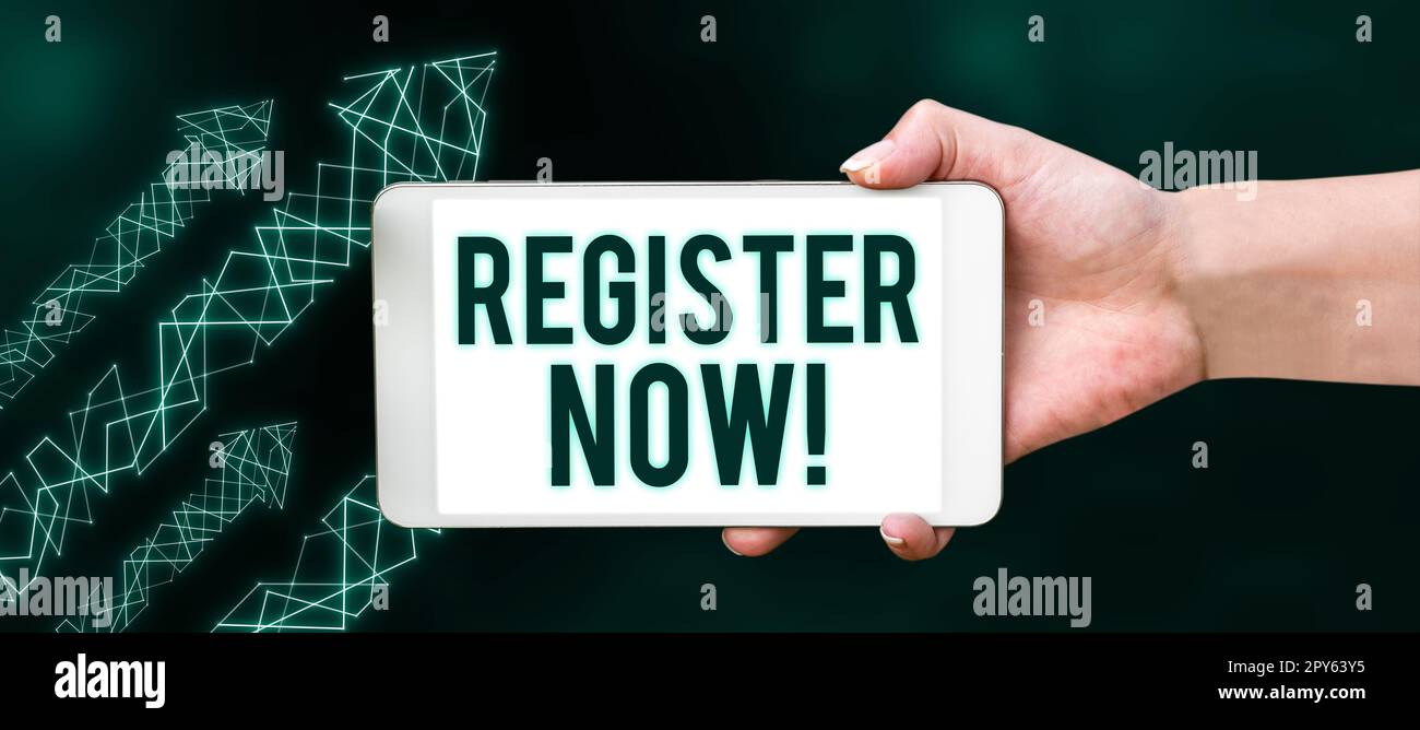 Hand writing sign Register Now. Business overview Name in an Official ...